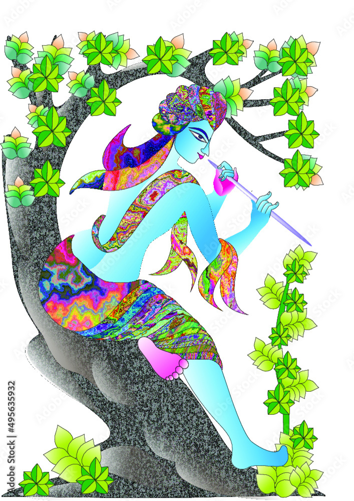 Vertical illustration of Krishna sitting on a green tree, playing pipe ...