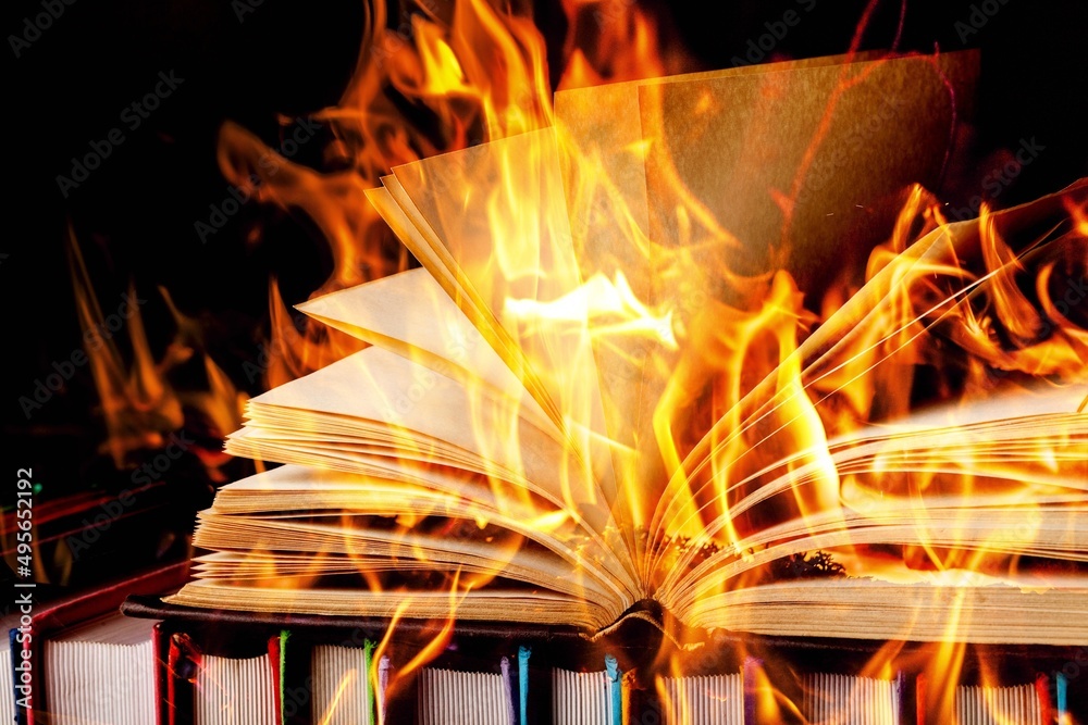 Open book with flames fire. Concept of freedom information, 451 ...