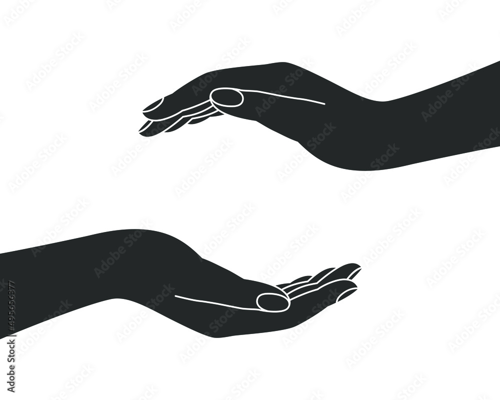 Two hands graphic icon. Protecting care hands symbol isolated on white ...