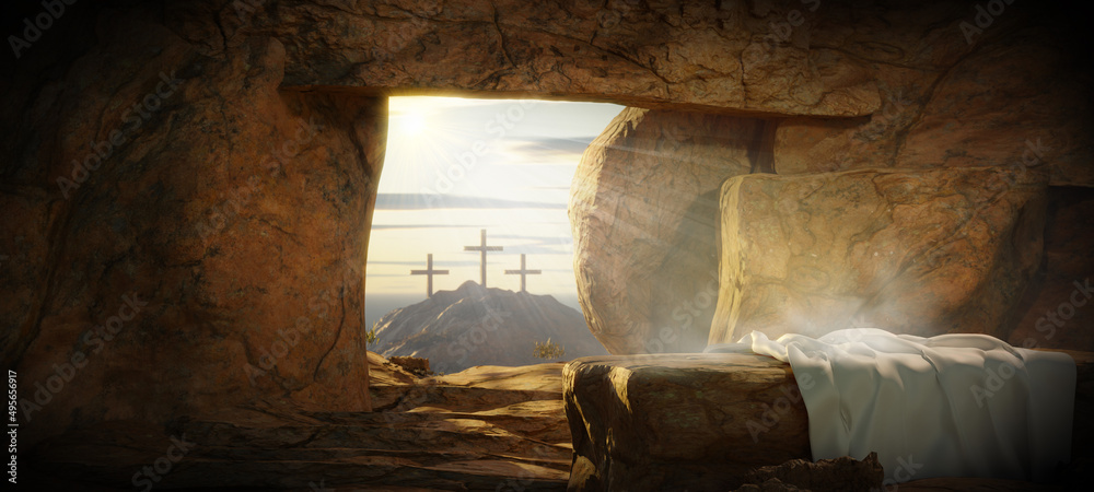 Crucifixion and Resurrection. He is Risen. Empty tomb of Jesus with crosses in the background ...