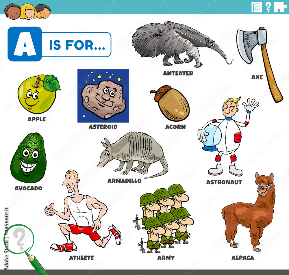 letter a words educational set for children with cartoon characters ...