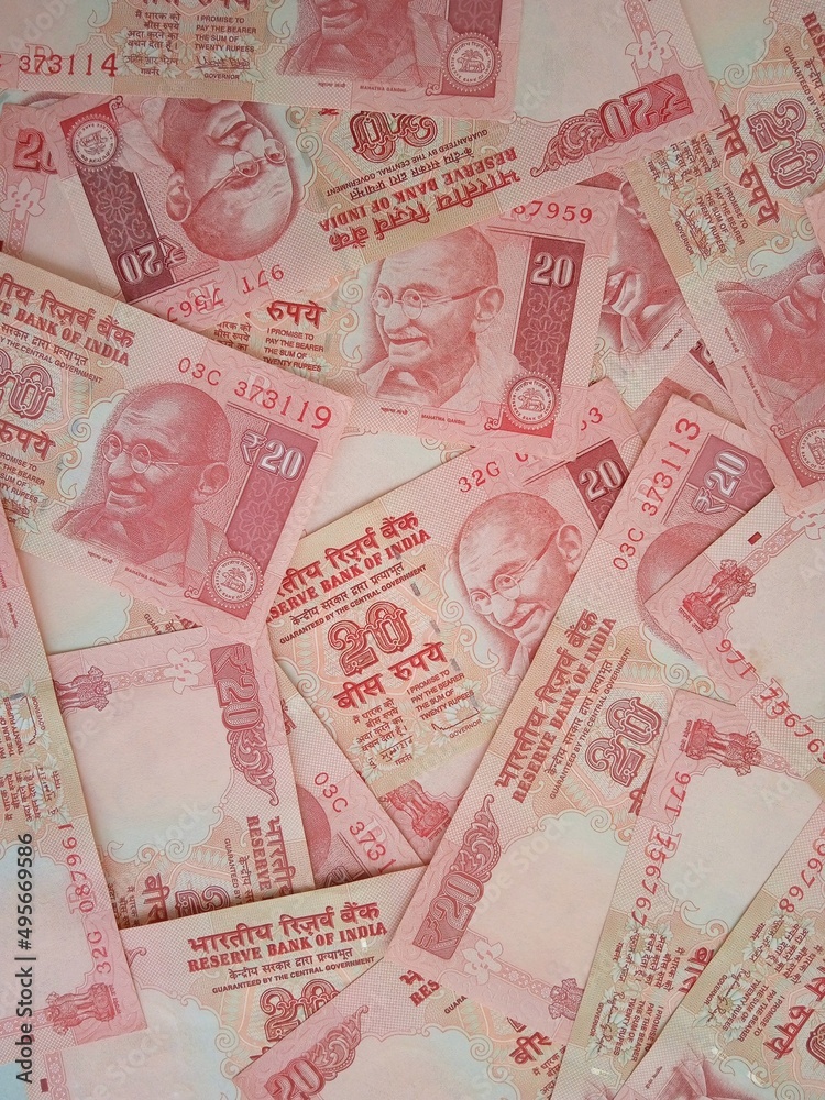 Twenty rupees notes overlapped on each other. HD twenty rupees notes ...