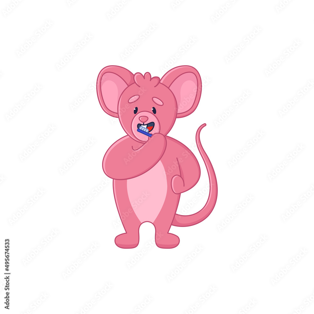 Cute pink mouse cartoon character brushing teeth sticker. Adorable ...