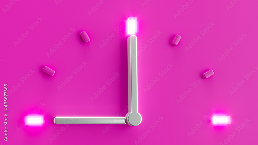 3D illustration of a pink clock pointing to nine o'clock with lights on ...