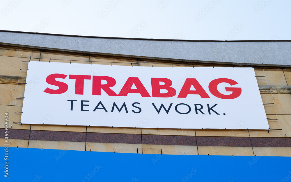 Strabag logo sign. Austrian construction company signboard with brand ...