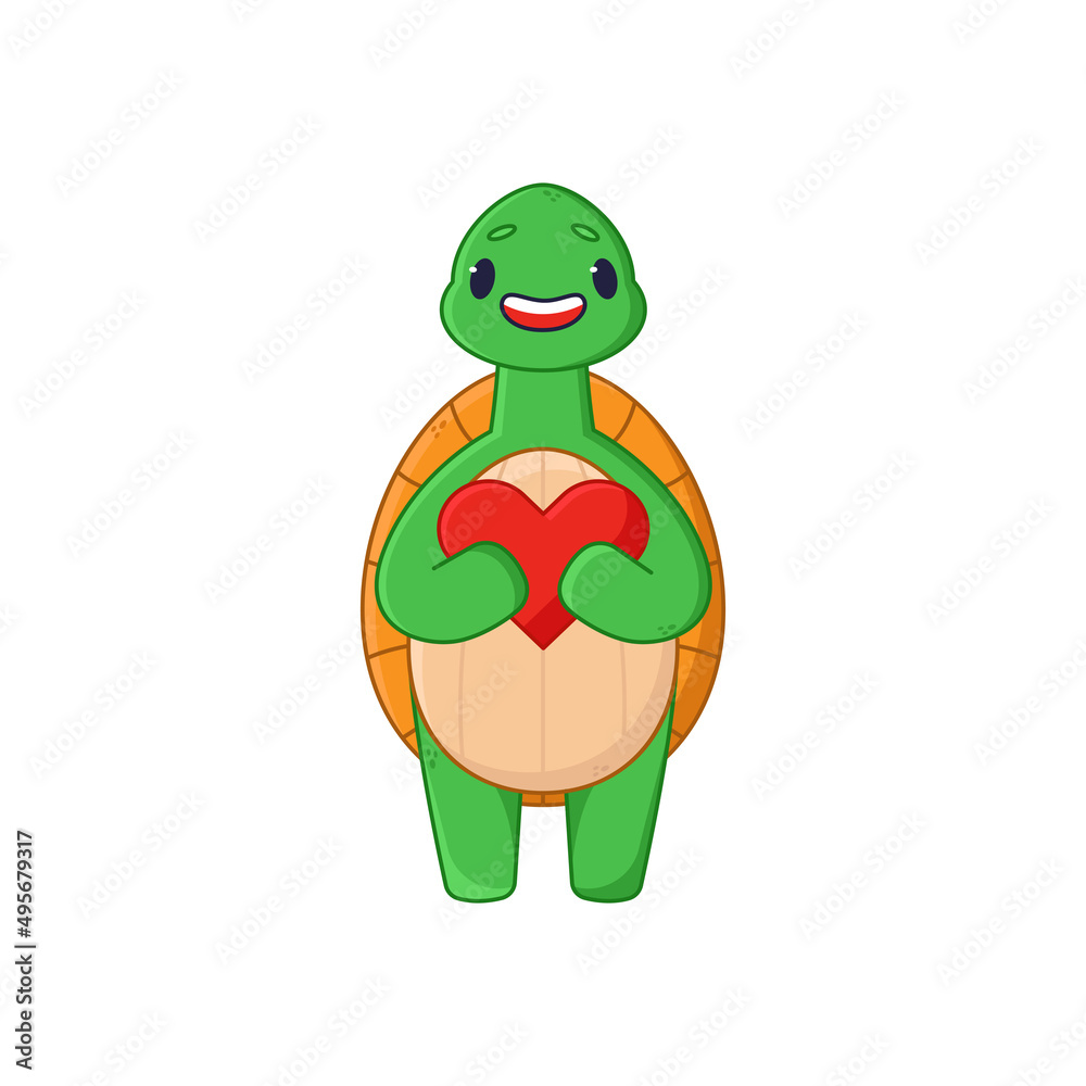 Adorable turtle cartoon character holding heart sticker. Cute comic ...