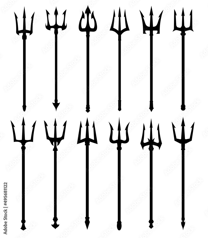 Devil trident fork silhouettes, Poseidon, Neptune or Triton spear ... Devil trident fork silhouettes, Poseidon, Neptune or Triton spear ...