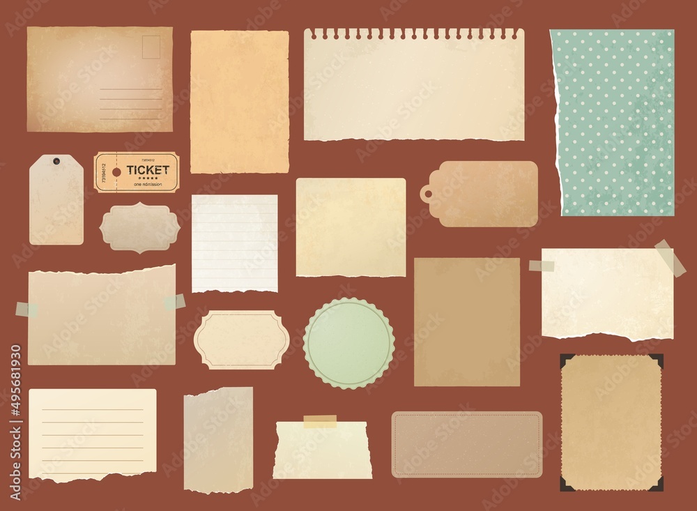 Vintage scrapbook torn paper, post card, notes, stickers, tags and ...