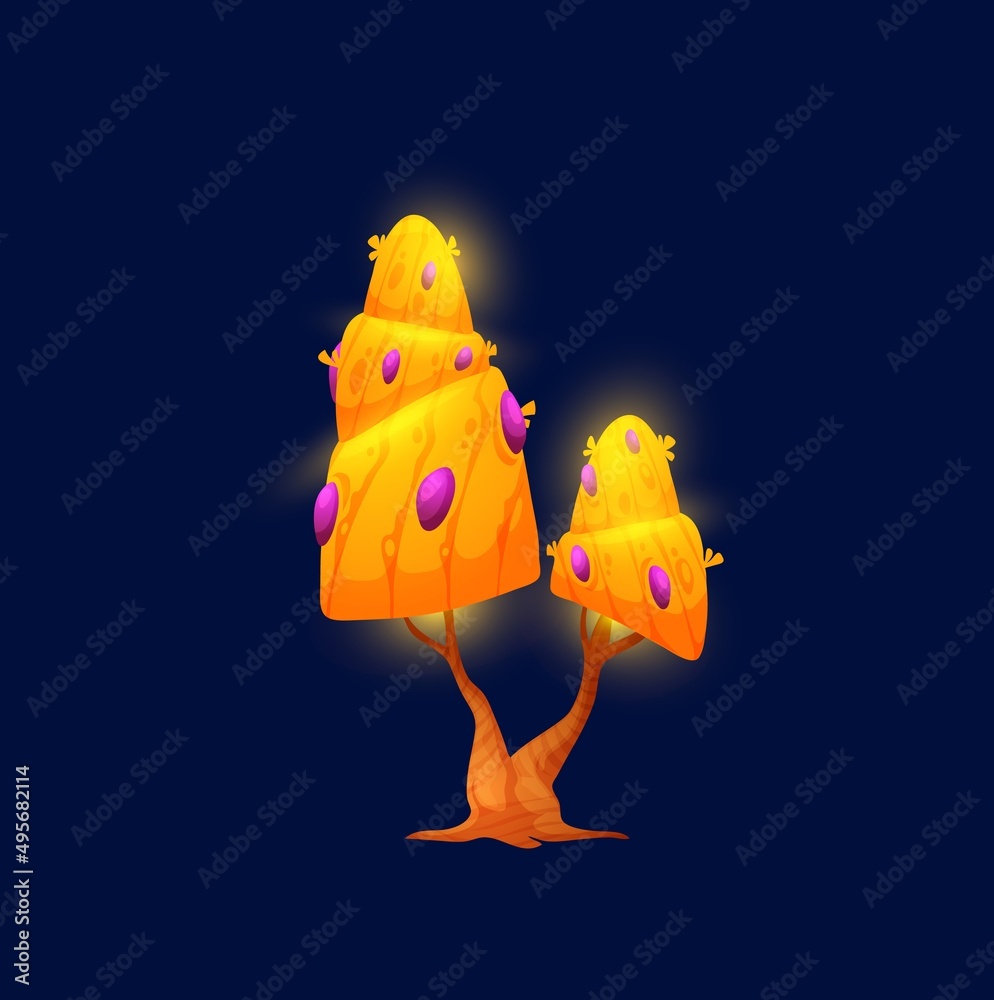 Cartoon yellow alien tree, fantasy world magic plant with glowing crown ...