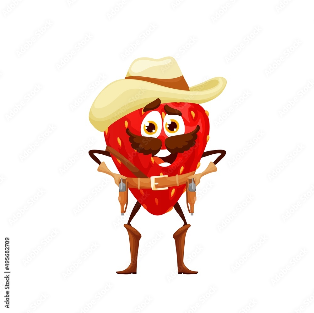 Vetor de Cartoon strawberry sheriff character. Funny vector cowboy ...