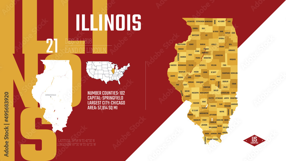 21 of 50 states of the United States, divided into counties with ...