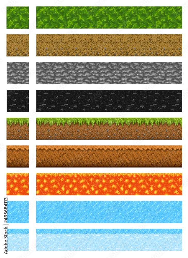 Cubic pixel game level surfaces of water, ice and ground, stone and ...