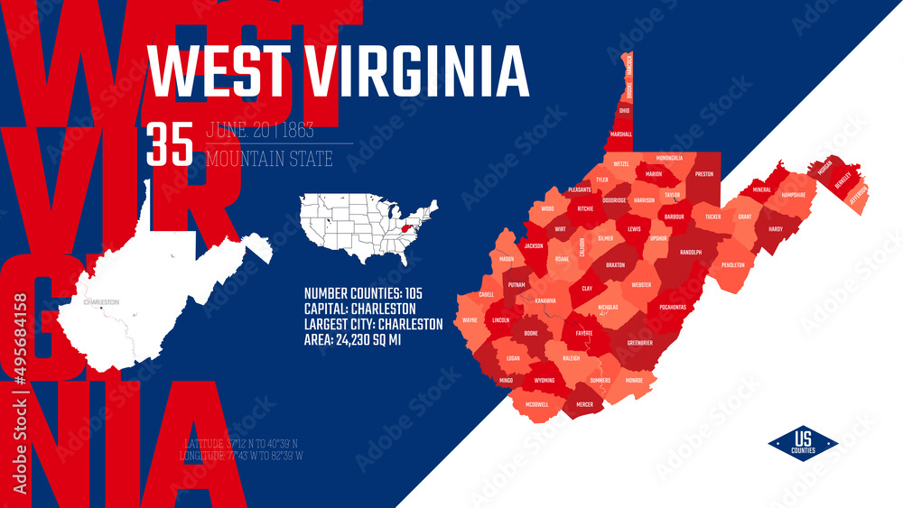 35 of 50 states of the United States, divided into counties with ...