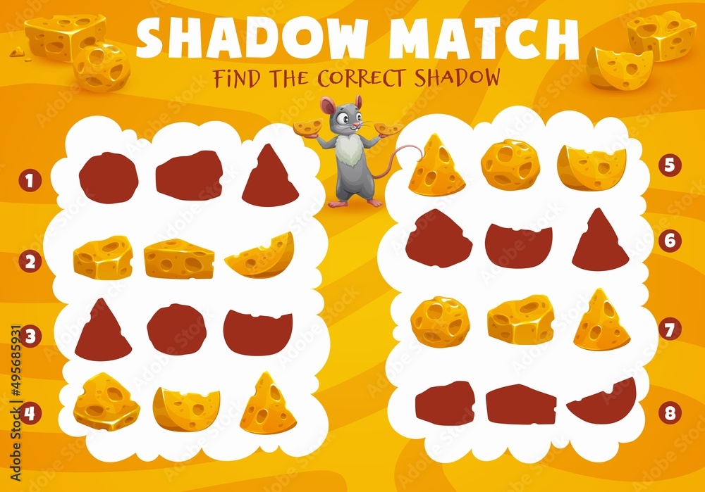Cartoon cheese and mouse shadow match game worksheet. Kindergarten kids ...