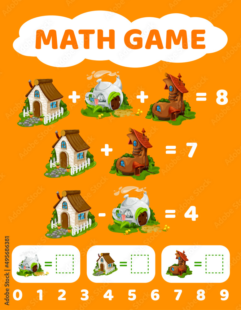 Cartoon fairytale houses, math game worksheet and vector education maze ...