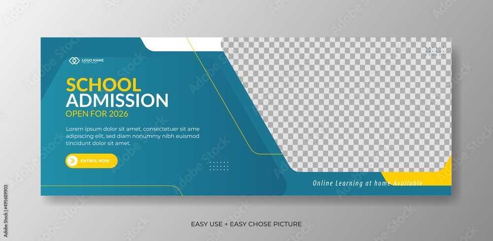 Editable school admission Web banner template. With blue and yellow ...
