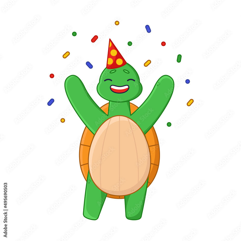Happy turtle cartoon character in party hat sticker. Cute comic ...