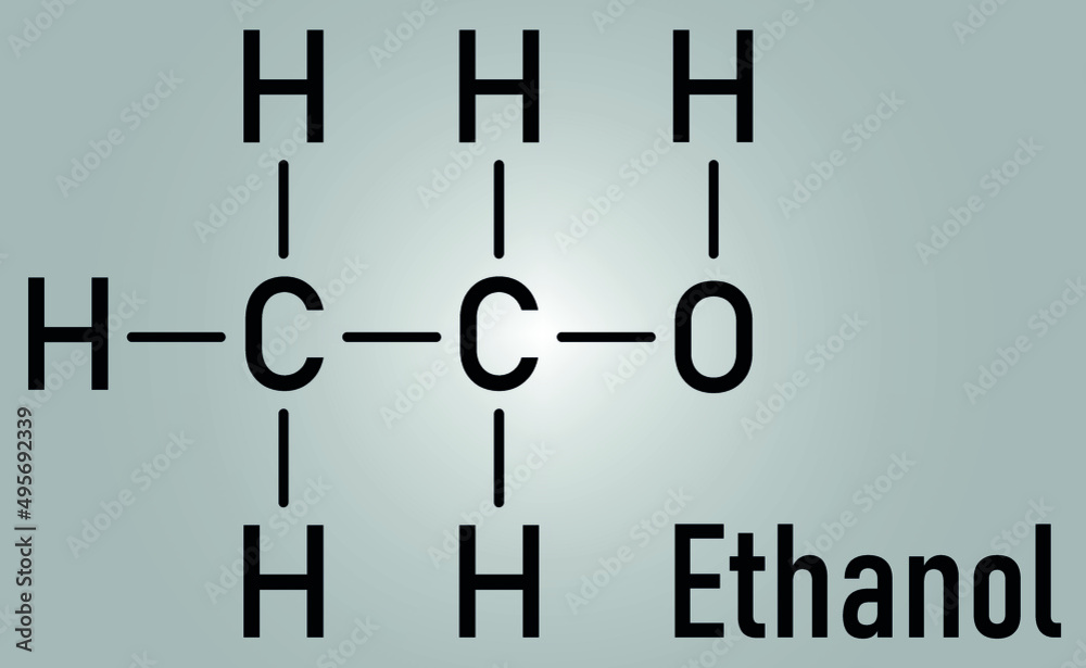 Alcohol (ethanol, ethyl alcohol) molecule, chemical structure. Skeletal ...