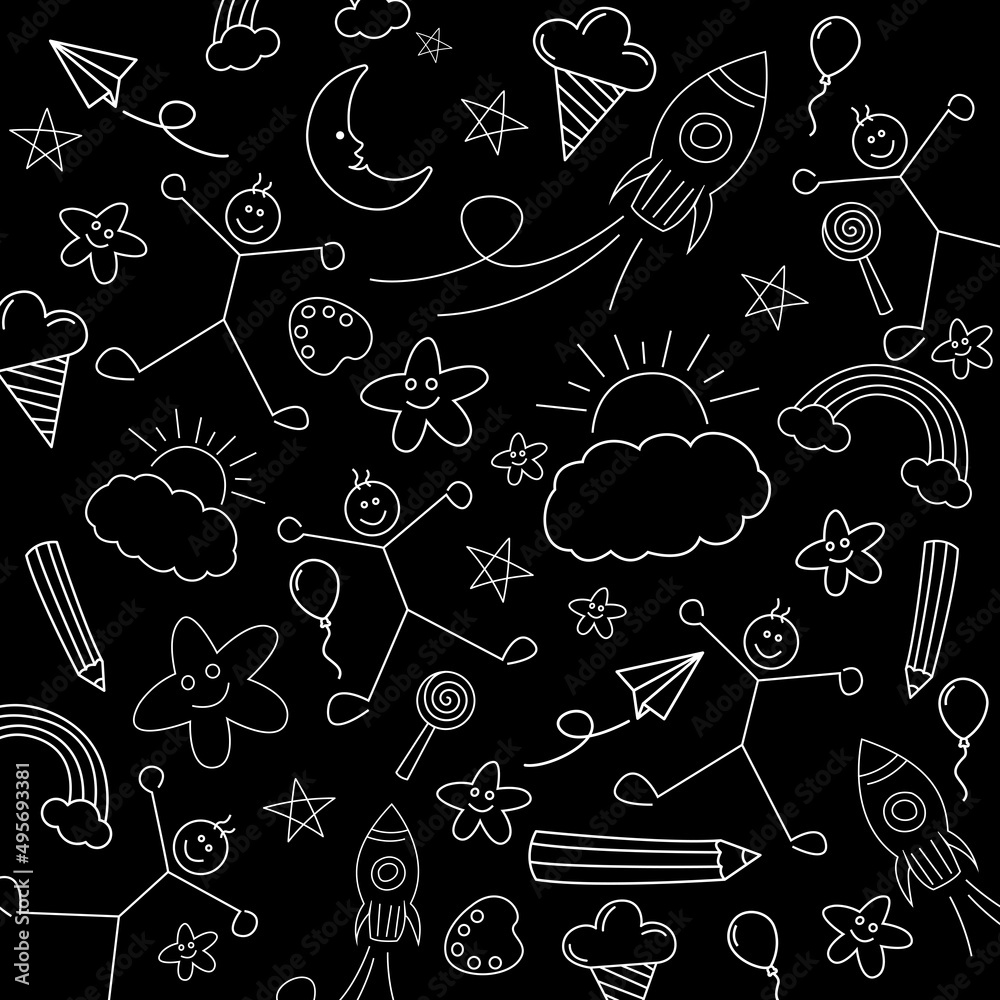 Linear children's drawings and various figures. Vector background ...