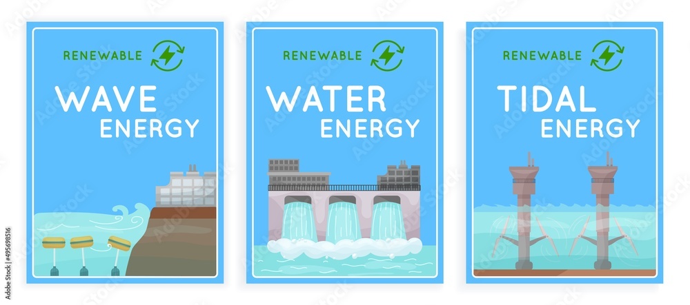 Renewable energy source posters collection. Vector illustration Stock ...