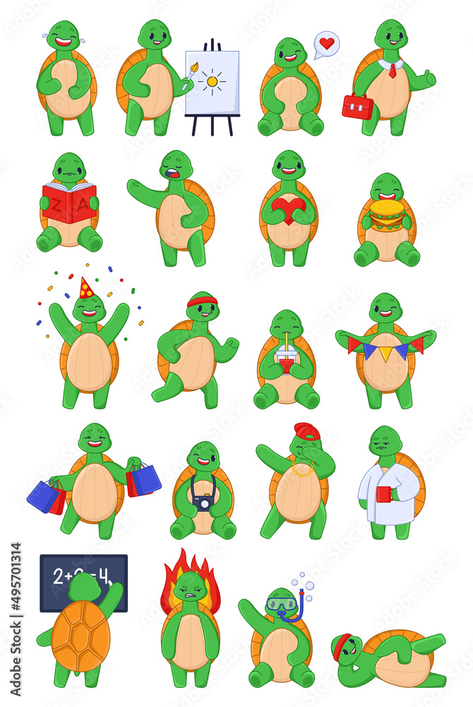Cute turtle cartoon character in different poses sticker set ...