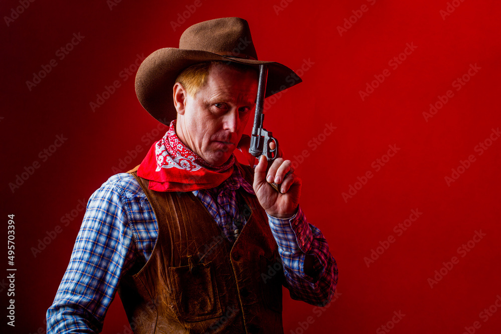 American bandit in mask, western man with hat. Portrait of cowboy in ...