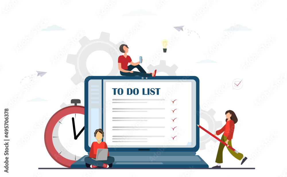 Tiny people standing near laptop, to do list concept, month scheduling ...