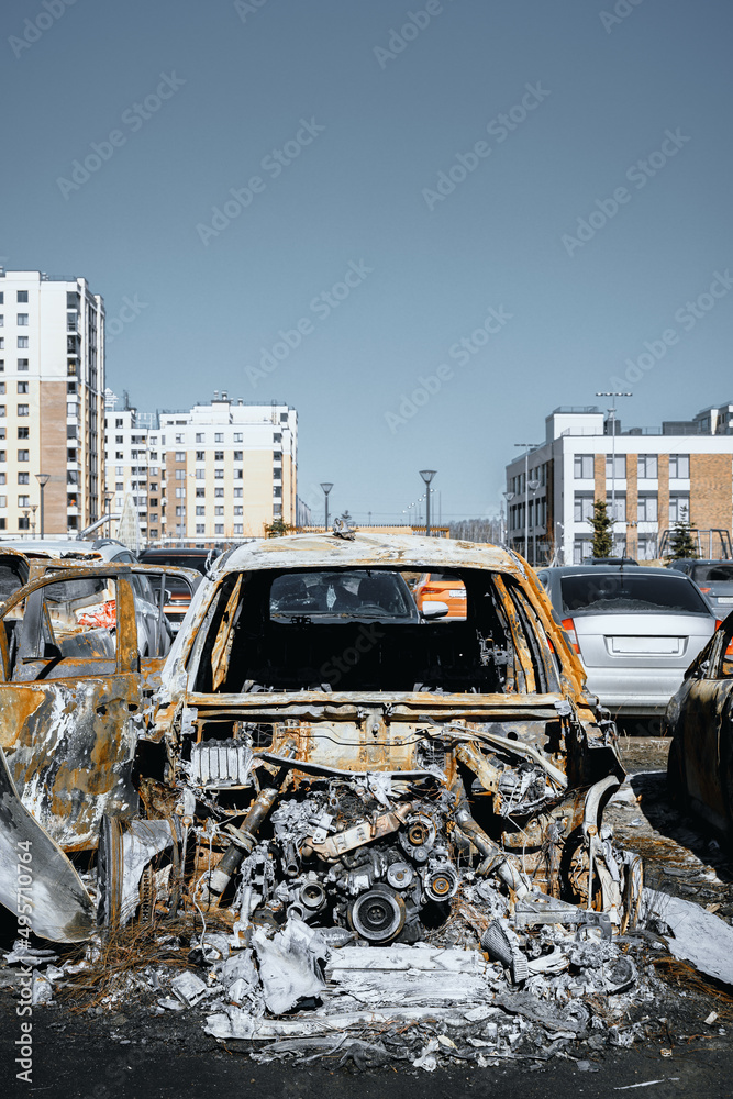 Vertical photo of destroyed engine and under the hood space of burned ...