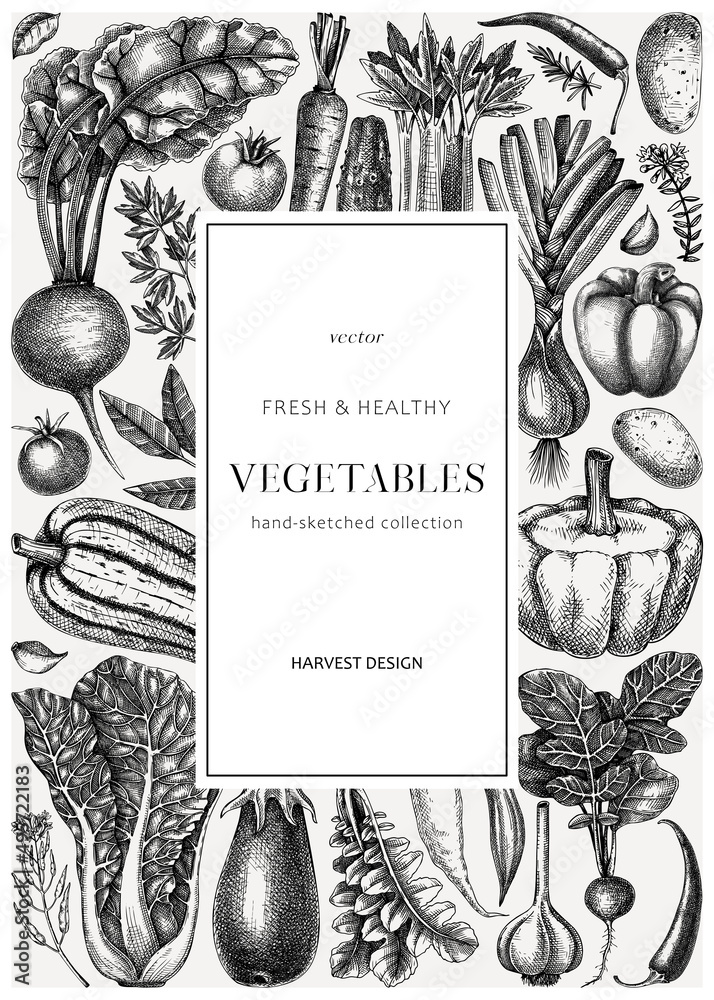 Hand-sketched vegetable card design in vintage style. Hand-drawn food ...