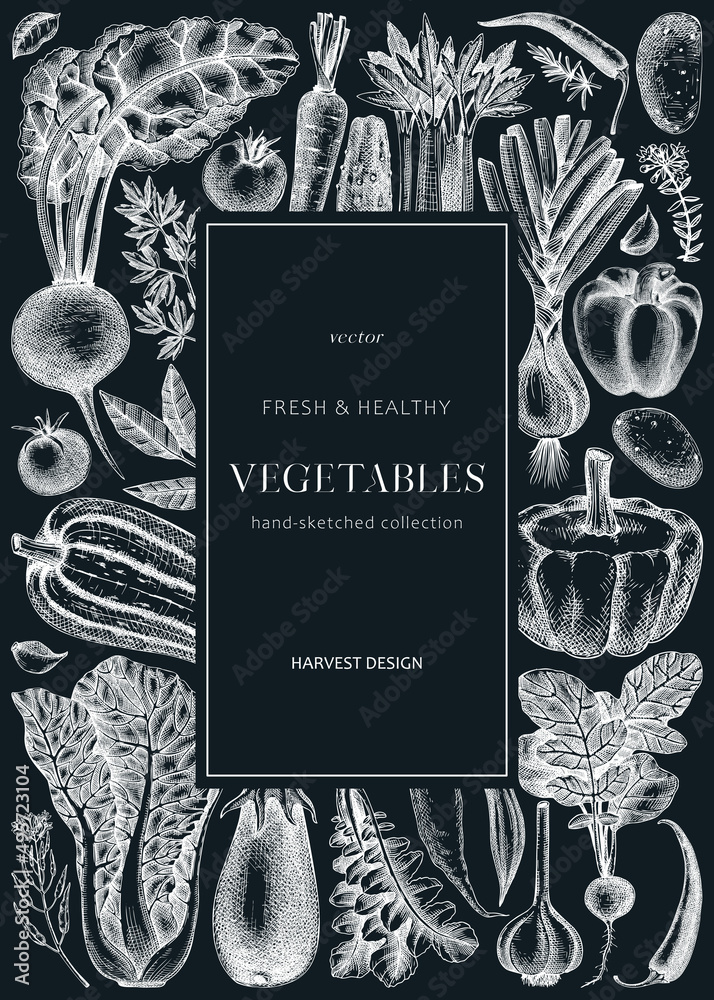 Hand-sketched vegetable card design on chalkboard. Hand-drawn food ...