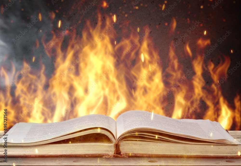 Open book with flames fire. Concept of freedom information, 451 ...