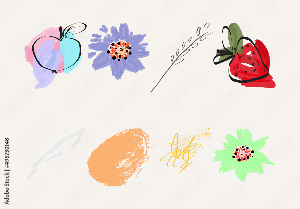 Set of Artistic Hand Drawn Fruits Flowers and Scribbles Stock Template ...