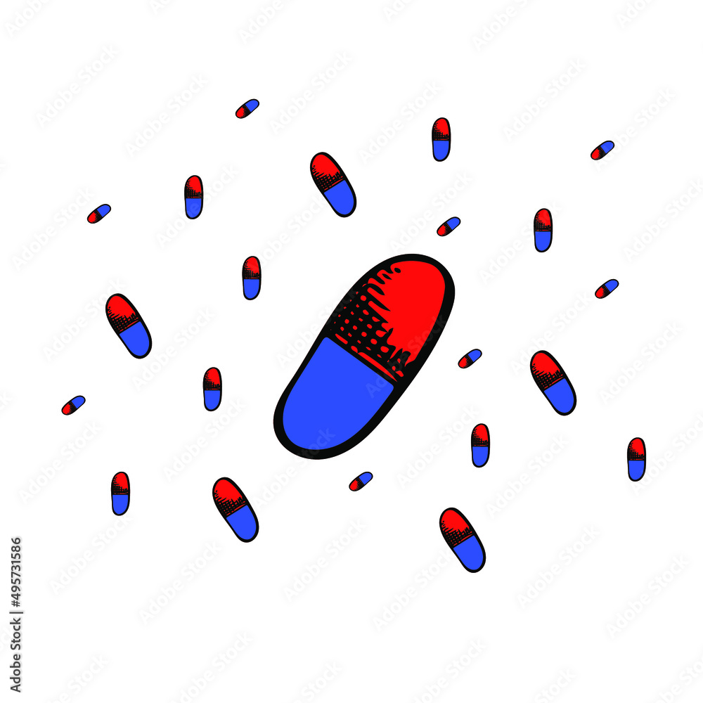 Medical capsules vector sketch set. Red and blue pill hand drawn symbol ...