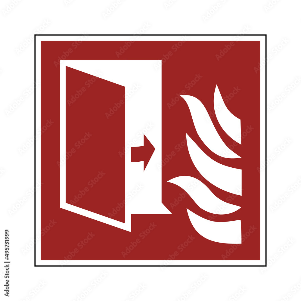 Fire protection door sign. Vector illustration of red square board with ...
