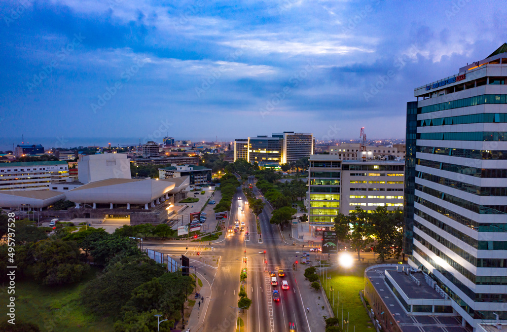 Aerial shot of the city of Accra in Ghana at night Stock Photo | Adobe ...