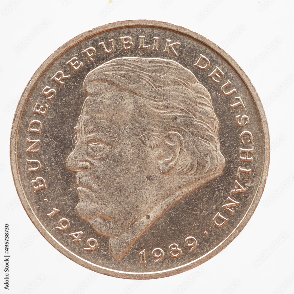 Germany - circa 1990: a 2 DM coin of Germany showing the portrait of ...