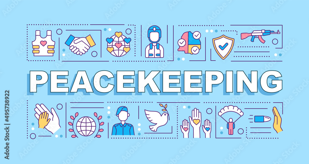 Peacekeeping word concepts blue banner. Military intervention. Peace ...
