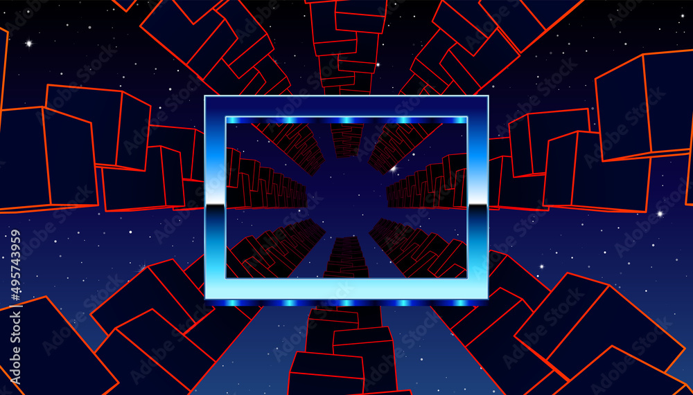 Synthwave frame with chrome rectangle and 80s styled synthwave arcade ...