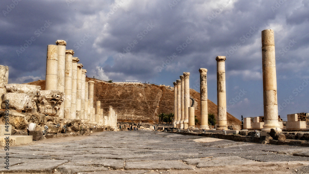 Ancient columns in archaeological site Scythopolis, Beit Shean National ...