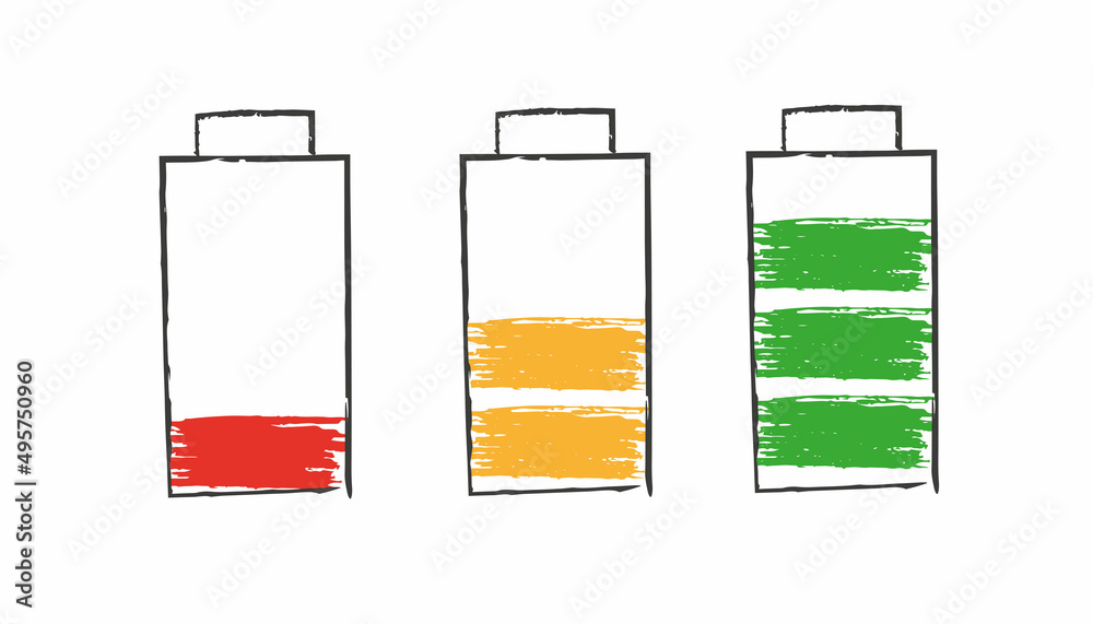 Fully charged and discharged battery. Doodle vector illustration. Full ...