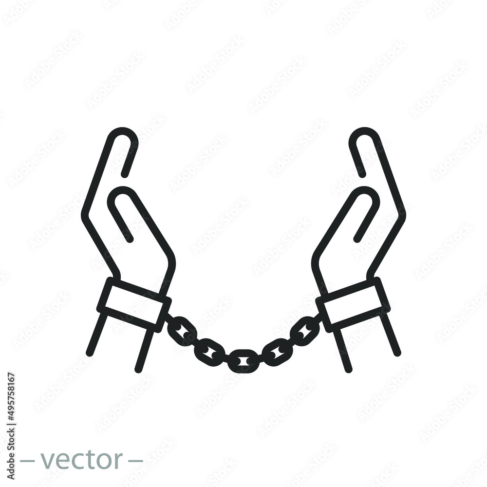 chains on hands icon, slave or criminal, concept person slavery, thin ...