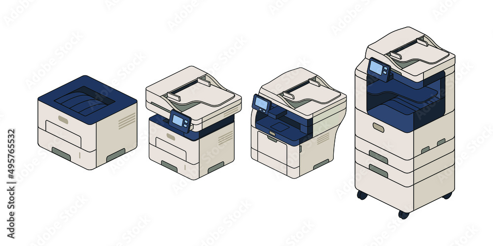 Vector logos of isometric printers. MFP icons for the office network ...