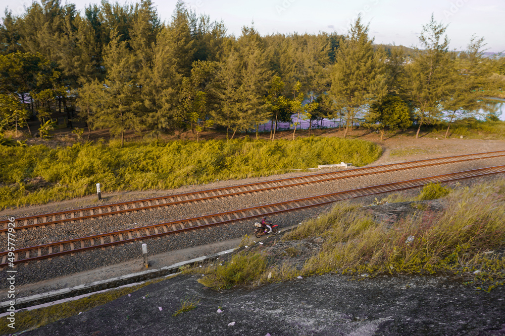 The railroad tracks pass through forest trails between swamp and cliff ...
