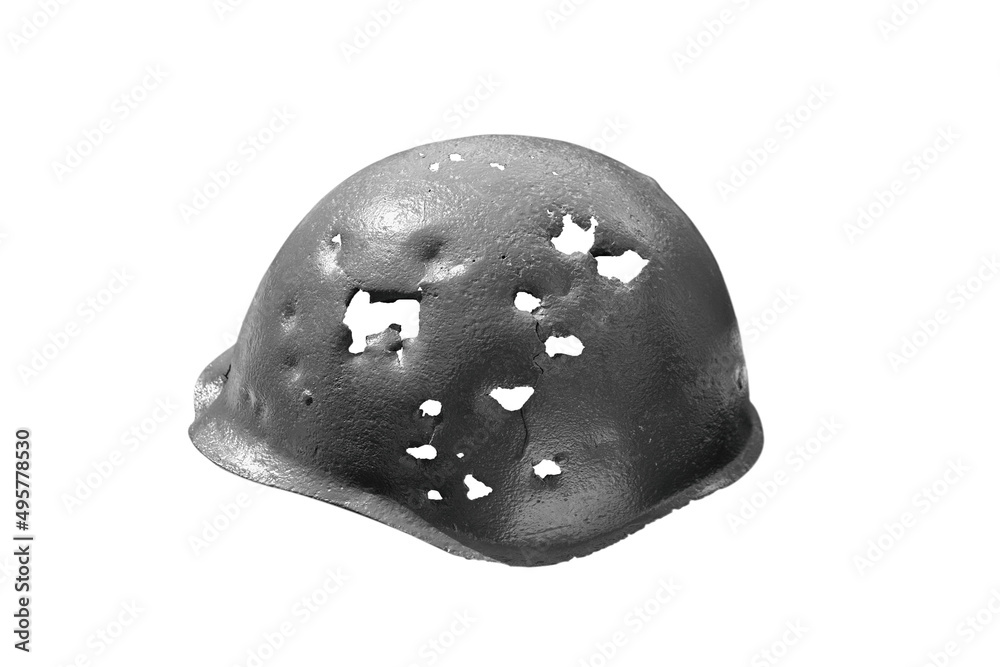 military helmet pierced by bullets and shrapnel isolated on white ...