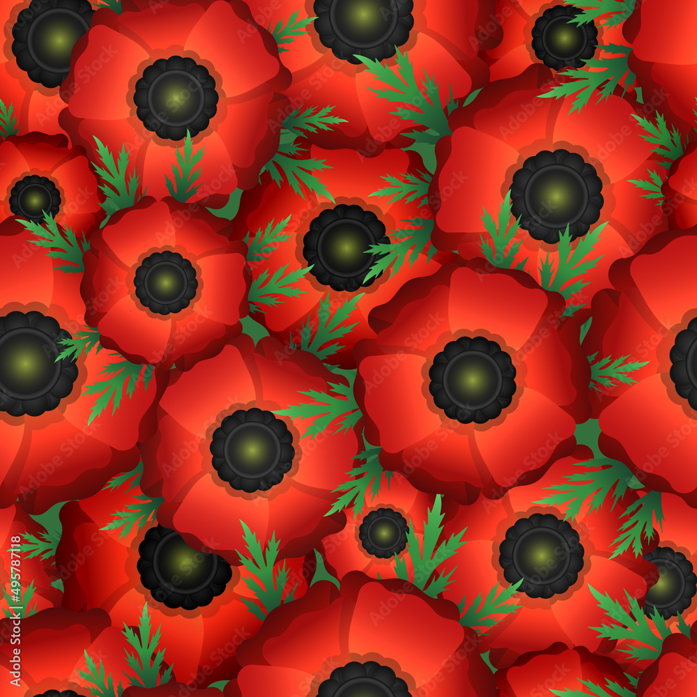 Bright red vector pattern with poppies and leaves close-up that can be ...