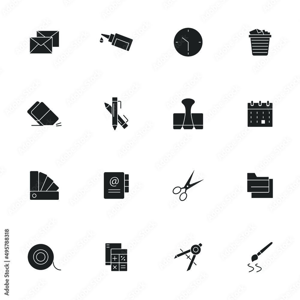 Office stationery icons set . Office stationery pack symbol vector ...