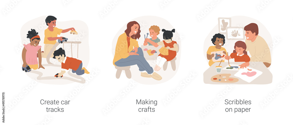 Toddler creative development isolated cartoon vector illustration set ...
