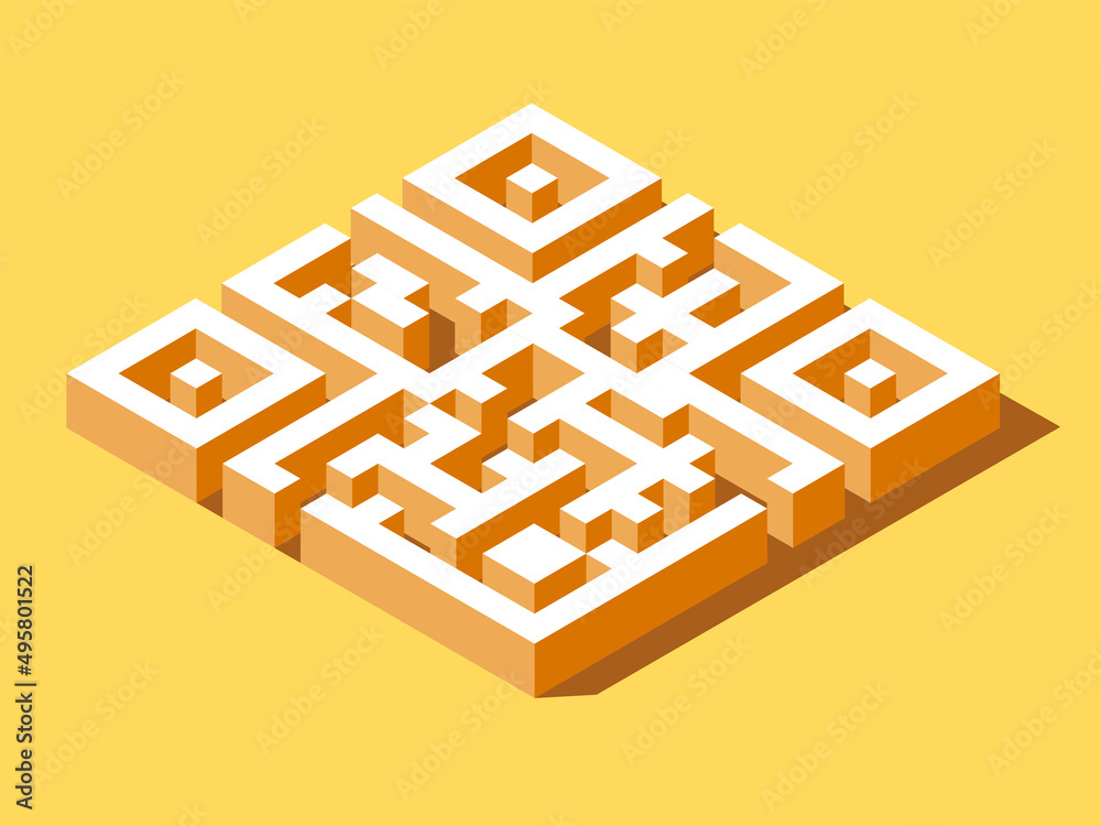 Isometric vector. Qr code in the form of a maze on a yellow background in 3d. The concept of ...
