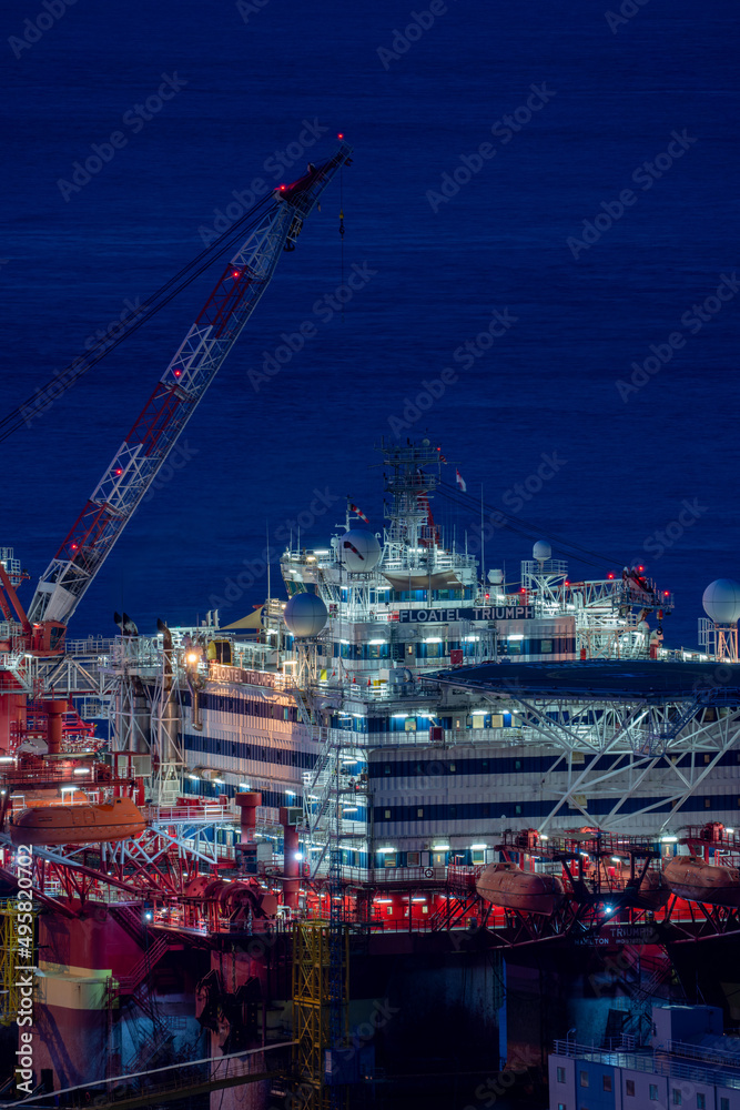 Singapore - April 2020: Close up image of Floatel Triumph floating ...