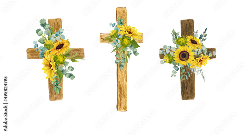 Set of Wooden boho watercolor cross with eucalyptus and sunflowers on a ...